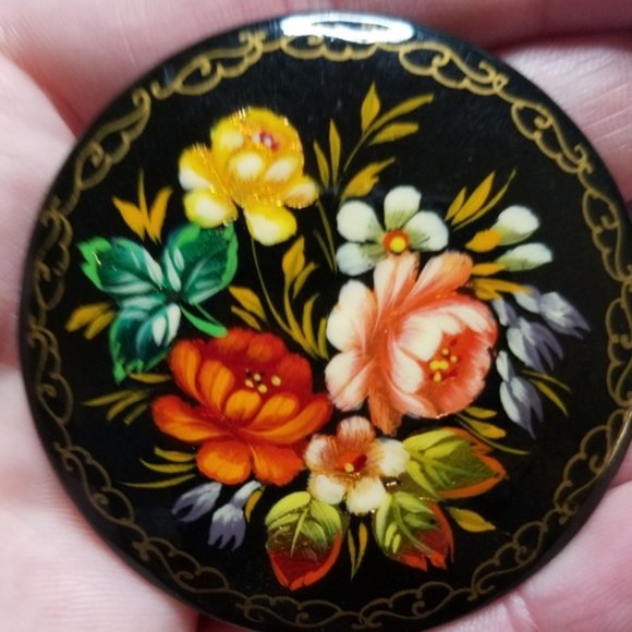 Vintage | Jewelry | Vintage Russian Hand Painted Lacquer Flower Brooch ...